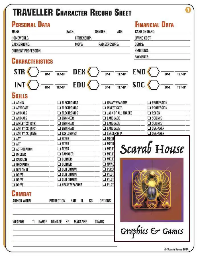Traveller Character Sheet Set FILLABLE 2025 - Scarab House | DriveThruRPG