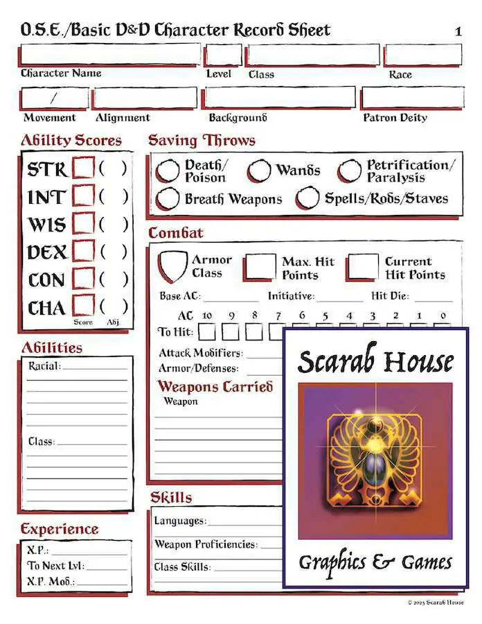 OSE-B/X D&D Character Sheet Set - fillable pdf - Scarab House ...