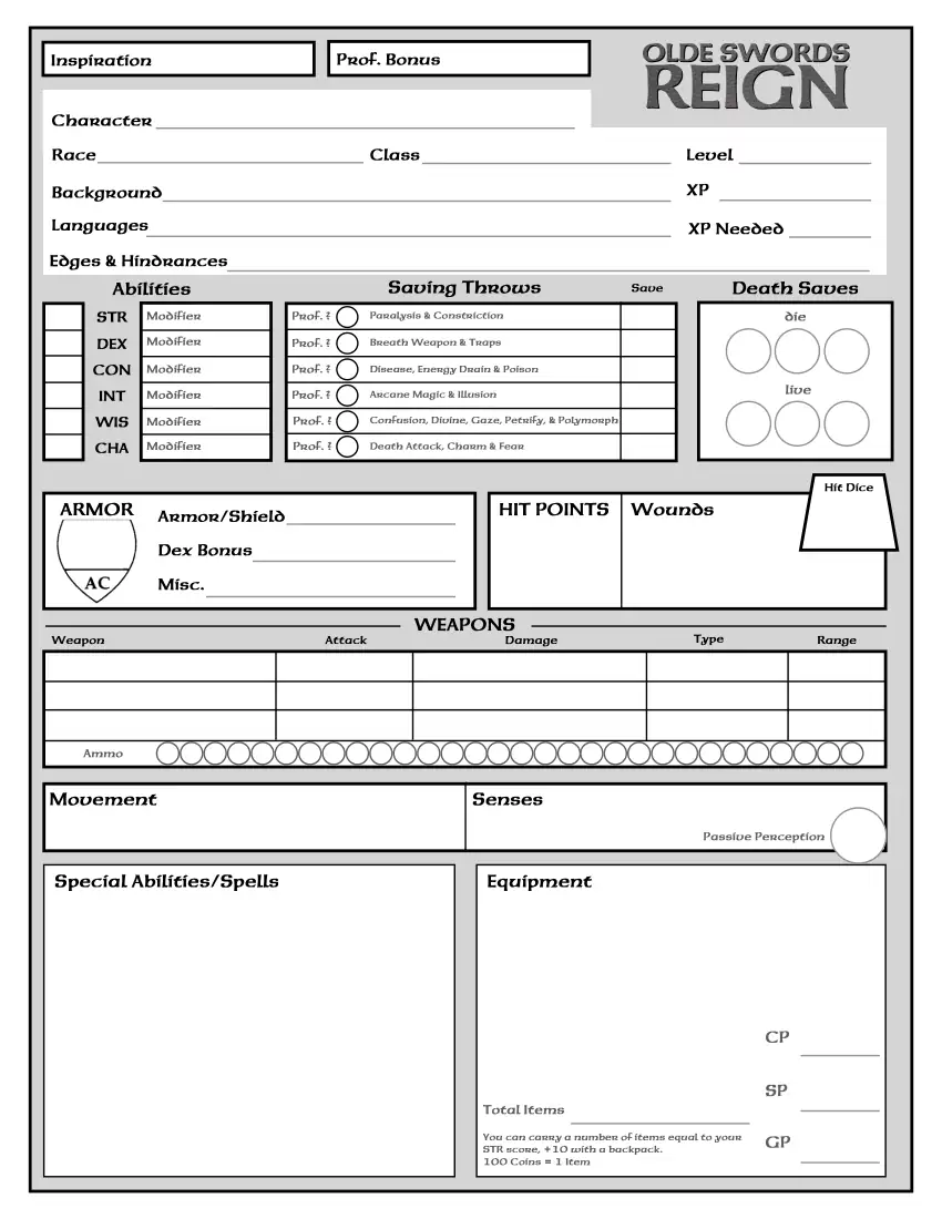 Olde Swords Reign Character Sheet - Fumble Table | DriveThruRPG