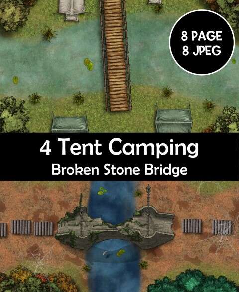 4 Tent camping and broken bridge map - owlschoolmaps | DriveThruRPG
