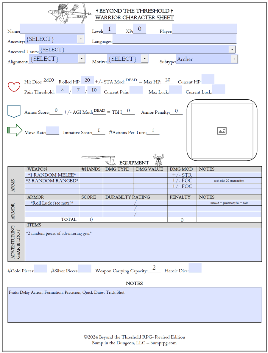 Beyond the Threshold- Character Sheets - Bump in the Dungeon | DriveThruRPG