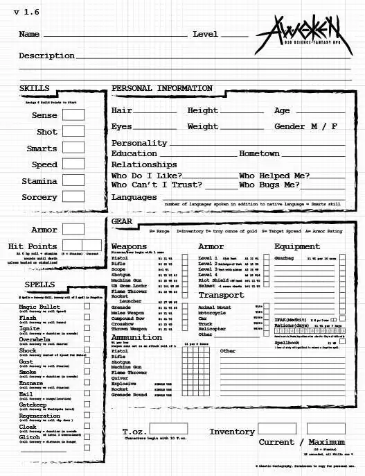 AWOKEN RPG Character Sheet - Chaotic Cartography | DriveThruRPG