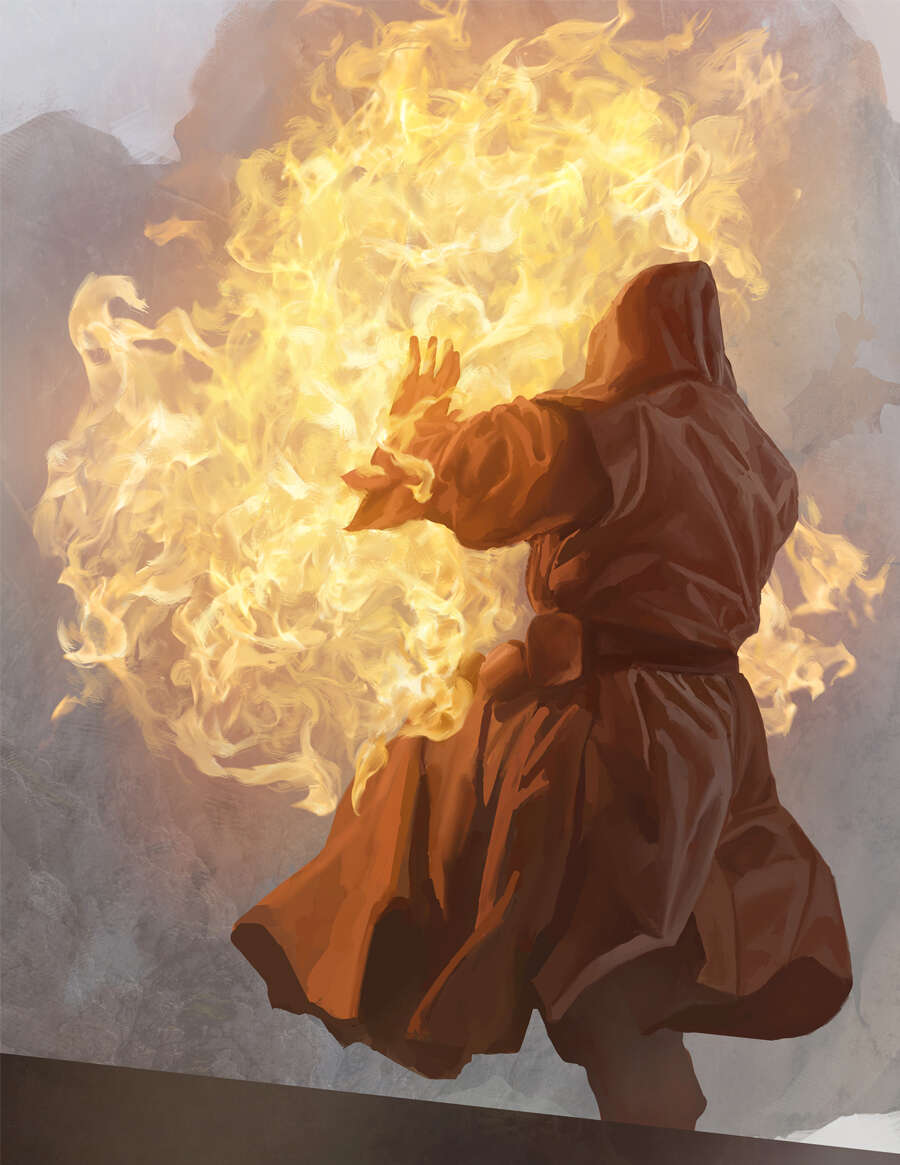 Full Page Stock Art: Wizard Casting a Fire Spell - An May | DriveThruRPG