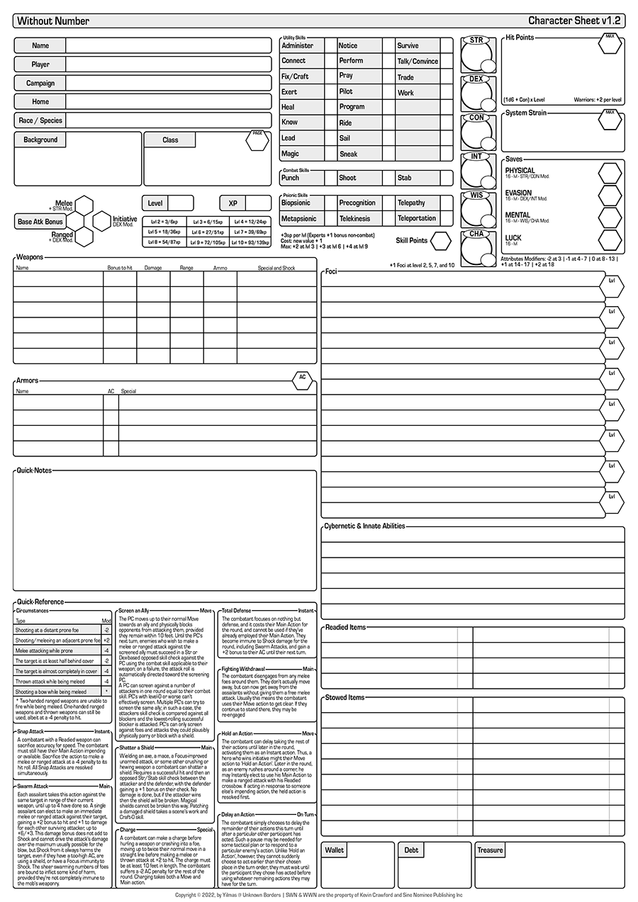Combined Character Sheet for SWN and WWN - Unknown Borders | DriveThruRPG