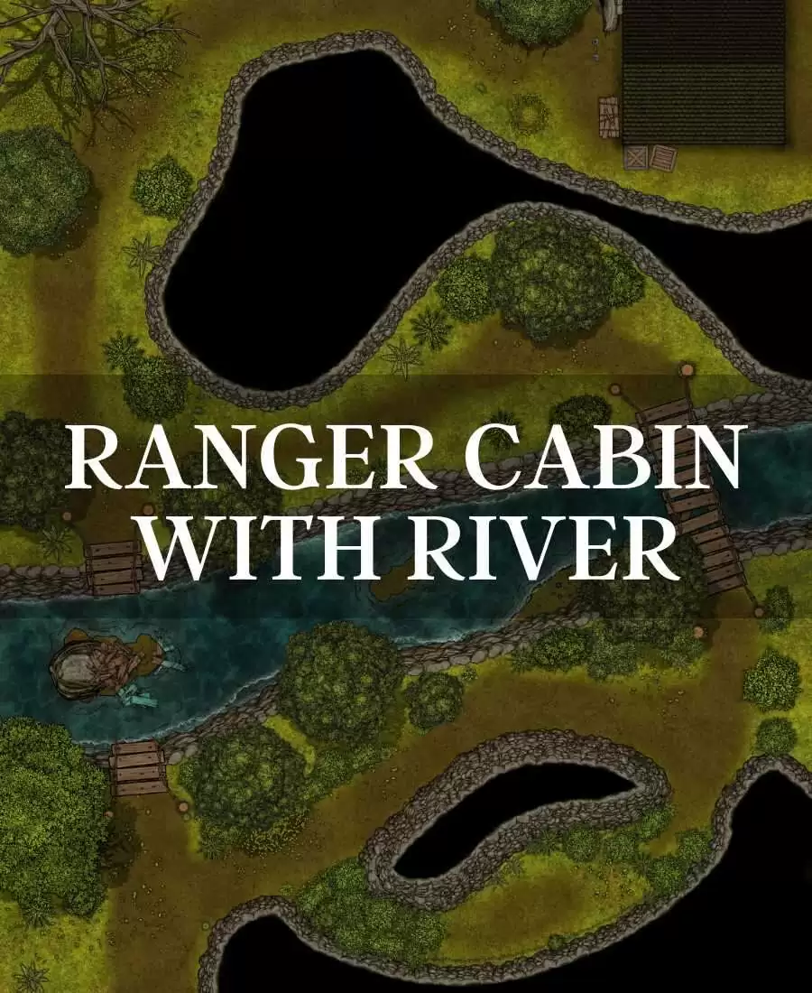 Ranger Cabin with River Multi-Level RPG Encounter Battle Map - 30x40 - Sesiana | DriveThruRPG