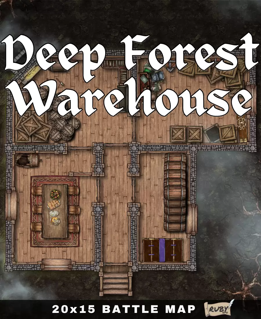 20x15 Battle Map - Deep Forest Warehouse Finding Treasure - RubyRPG ...