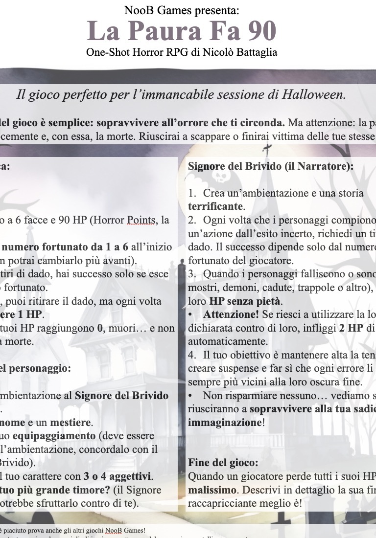 La Paura Fa 90 - One-Shot Horror RPG - NooB Games | DriveThruRPG