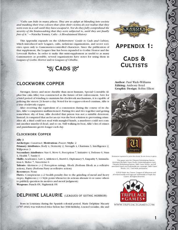 Leagues of Adventure Appendix 1: Cads & Cultists - Triple Ace Games ...