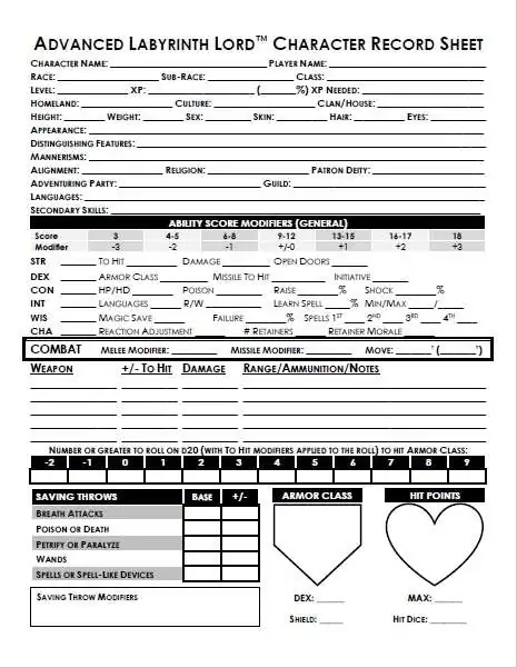 Advanced Labyrinth Lord Character Record Sheets - James Mishler Games ...