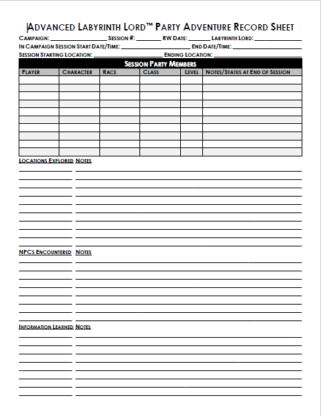 Advanced Labyrinth Lord Adventure Record Sheets - James Mishler Games ...