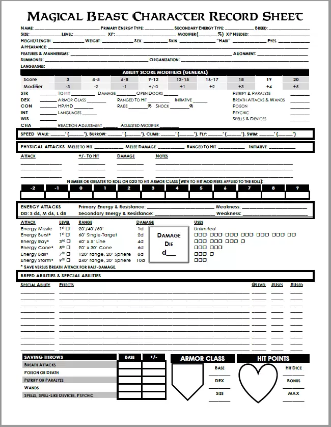 Summoning Magical Beasts: Magical Beast Character Sheet - James Mishler ...