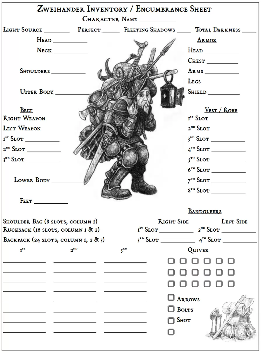 Inventory and Encumbrance Sheet - Play Aid for Zweihander RPG ...