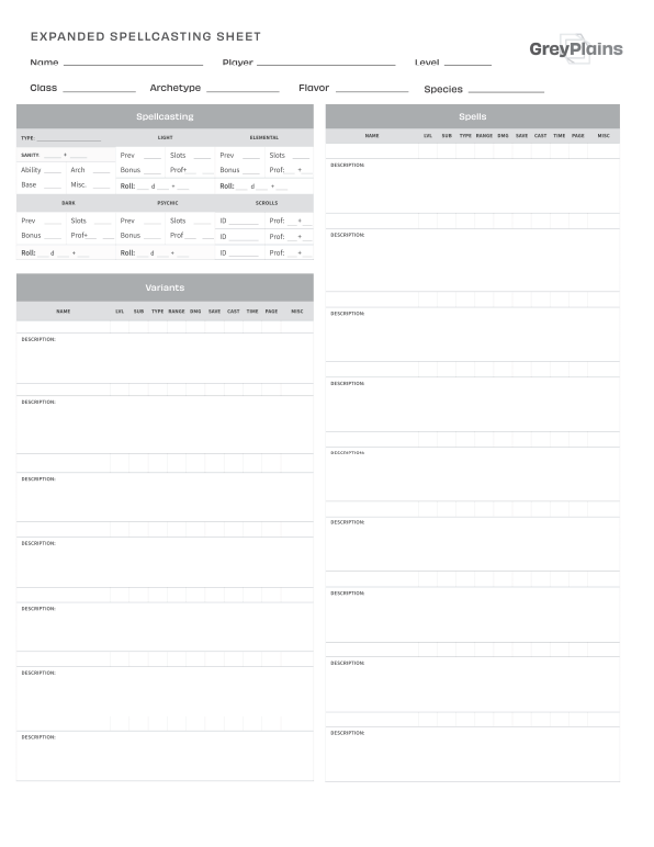 Greyplains Inventory and Spellcasting Sheet - Greyplains | DriveThruRPG
