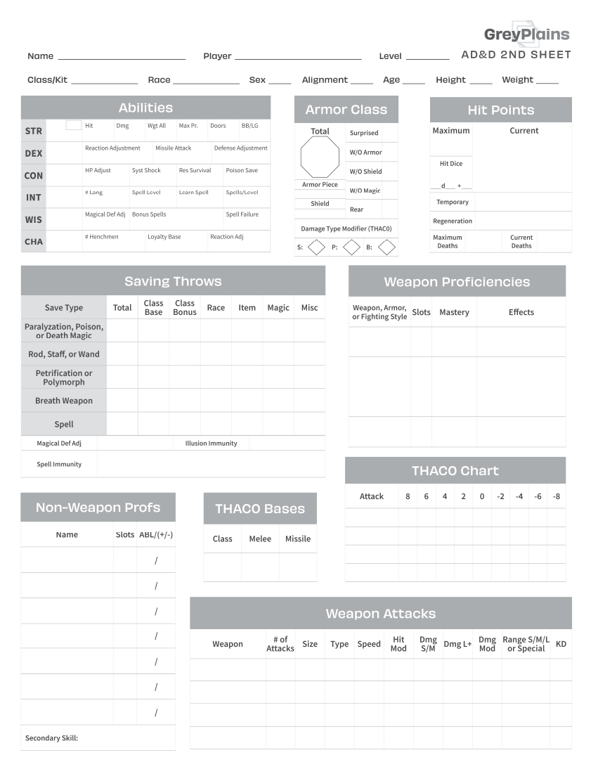 ADND 2nd Extended Character Sheet - Greyplains | DriveThruRPG