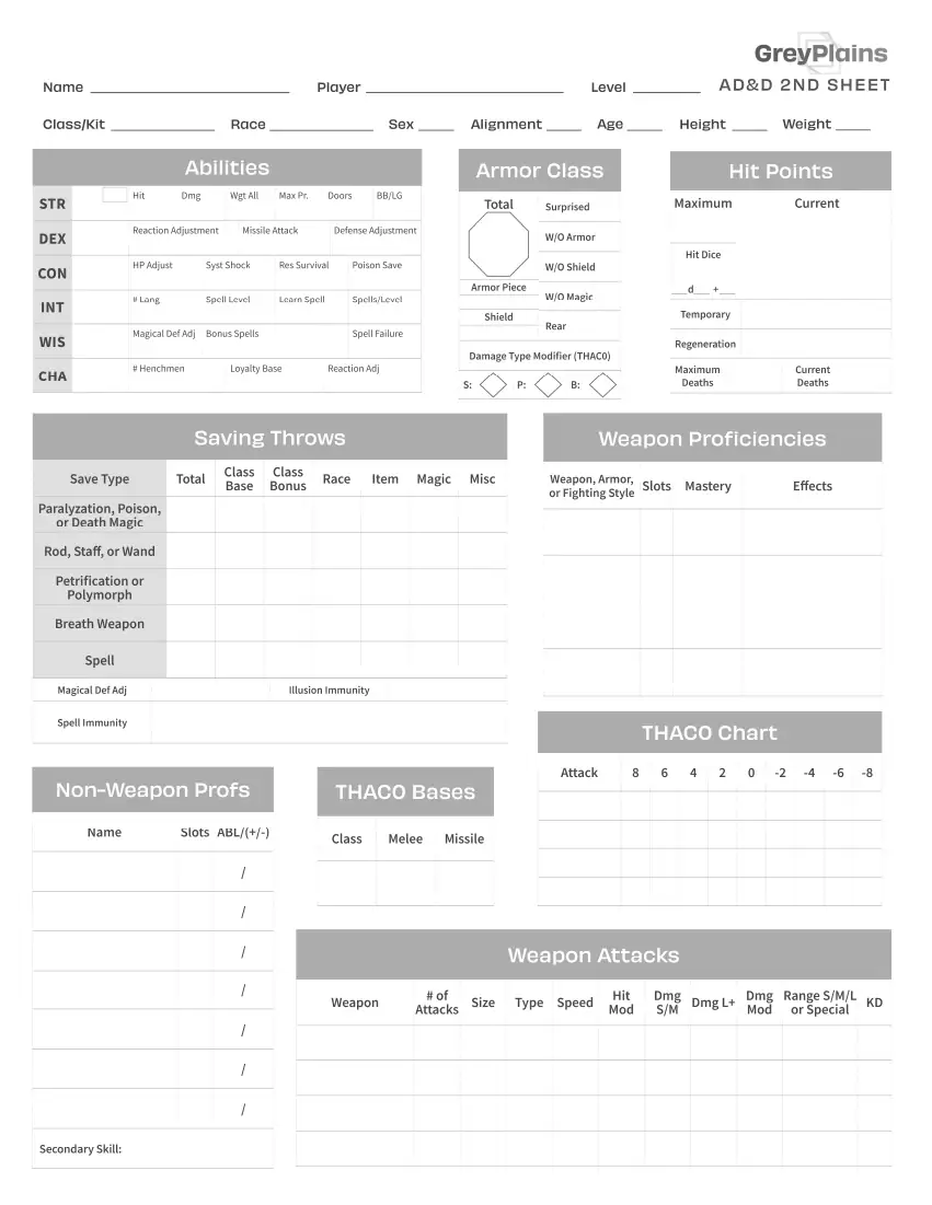 ADND 2nd Extended Character Sheet - Greyplains | DriveThruRPG
