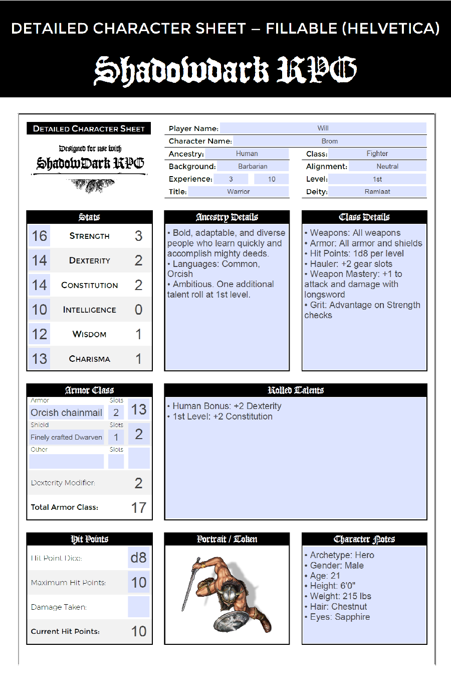 Detailed Character Sheet for Shadowdark RPG — Fillable (Helvetica) - William O’Braidislee ...