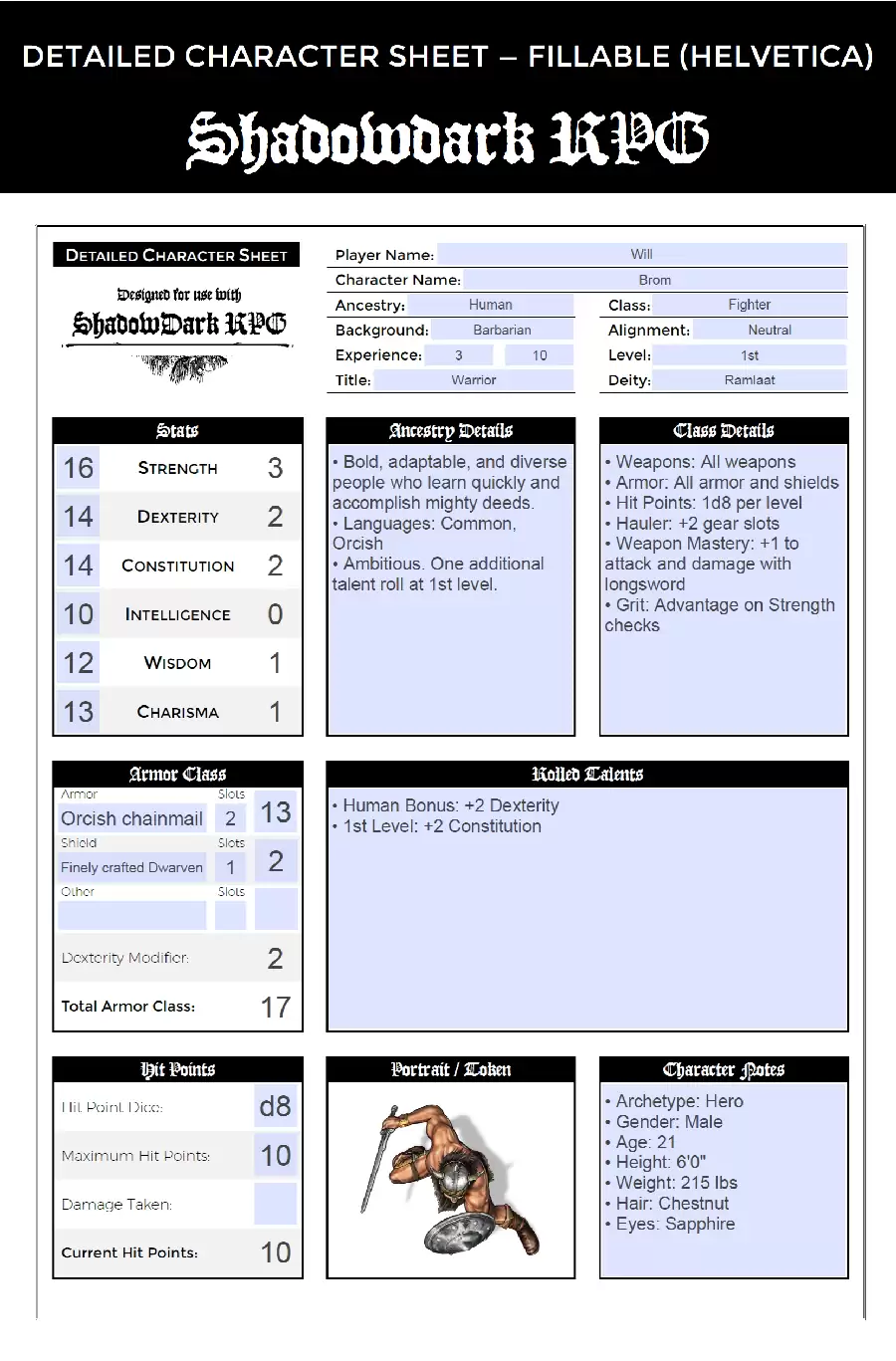 Detailed Character Sheet for Shadowdark RPG — Fillable (Helvetica) - William O’Braidislee ...