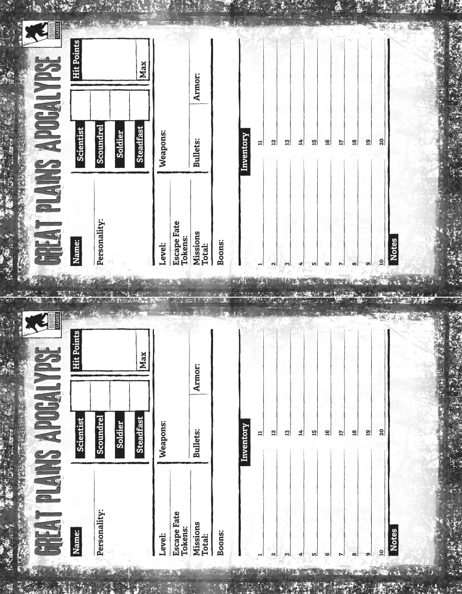 Great Plain Apocalypse Alternate Character Sheets - Shadow Drifter ...