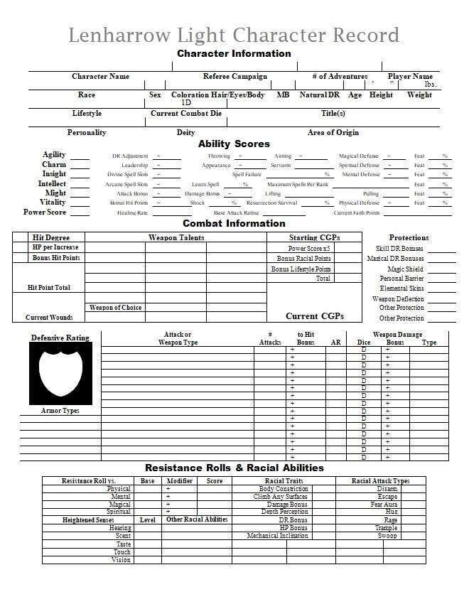 Lenharrow Light Character Record Sheet - Christopher Hildt | DriveThruRPG