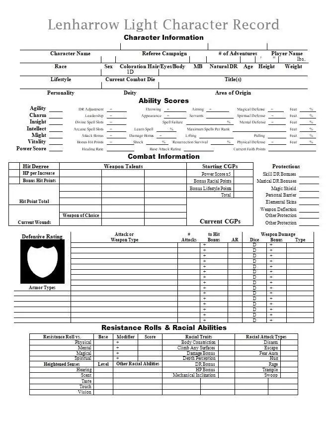 Lenharrow Light Character Record Sheet - Christopher Hildt | DriveThruRPG