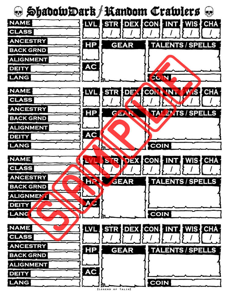 RANDOM CRAWLERS CHARACTER SHEET - FOR THE SHADOWDARK RPG - LEGEND OF TALIK | DriveThruRPG