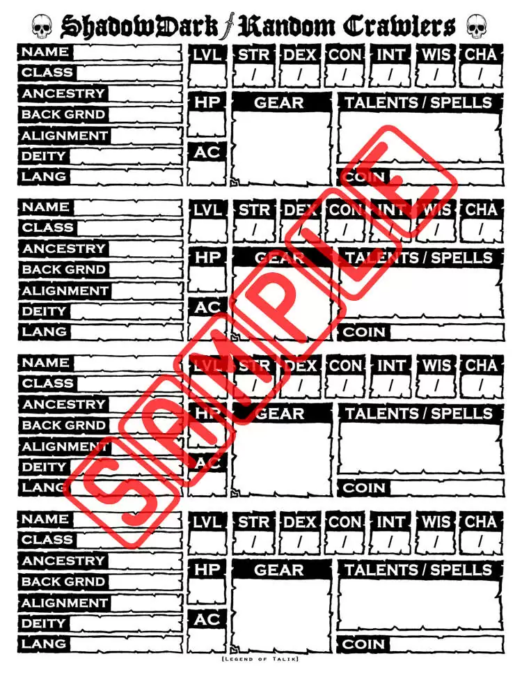 RANDOM CRAWLERS CHARACTER SHEET - FOR THE SHADOWDARK RPG - LEGEND OF ...