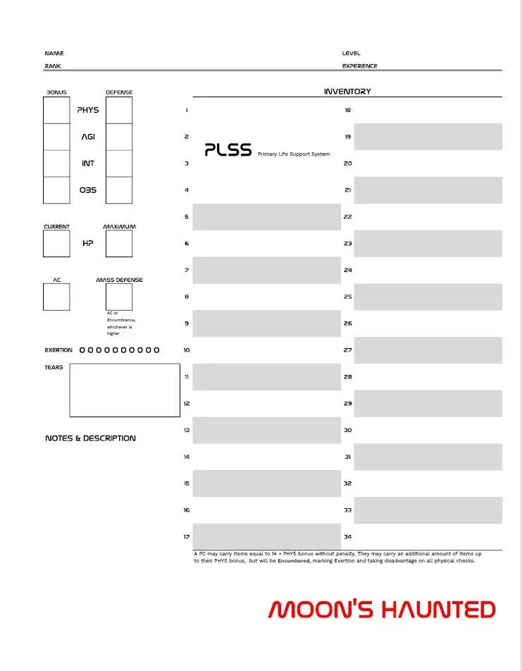MOON'S HAUNTED Character Sheet - Metal Ostrich Games | MOON'S HAUNTED | DriveThruRPG