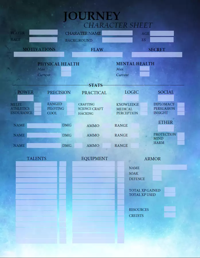 Journey Fillable Character Sheet - Journey Games | DriveThruRPG