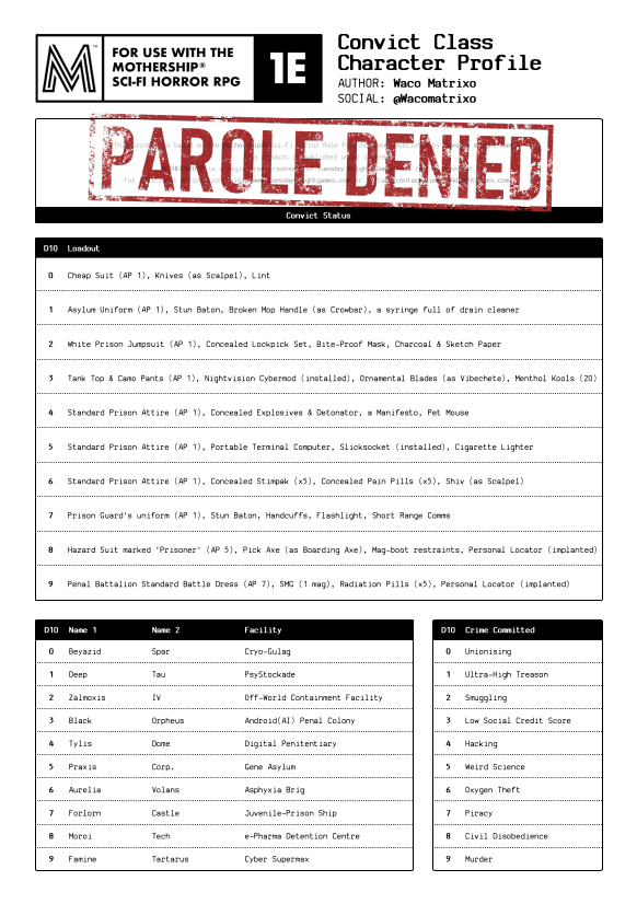 Convict character class - Waco Matrixo | DriveThruRPG