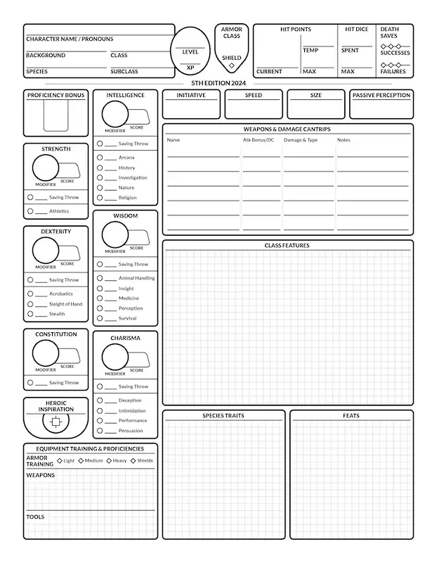2024 5e Inspired Character Sheet (EN, ES, FR, PT-BR & ZH) - Nat Handsome Games | DriveThruRPG