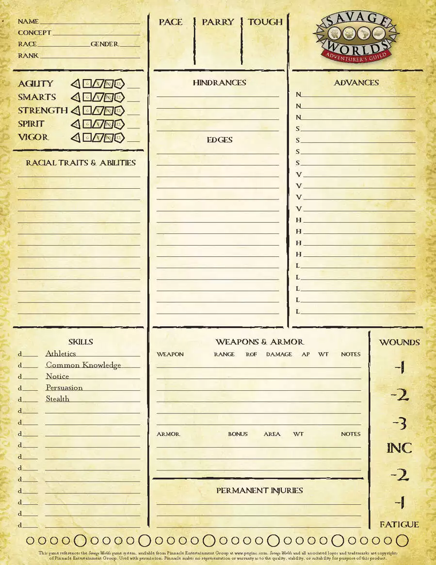 Savage Worlds Fillable Character Sheet - Generic Fantasy - Pinnacle Entertainment | SWAG ...