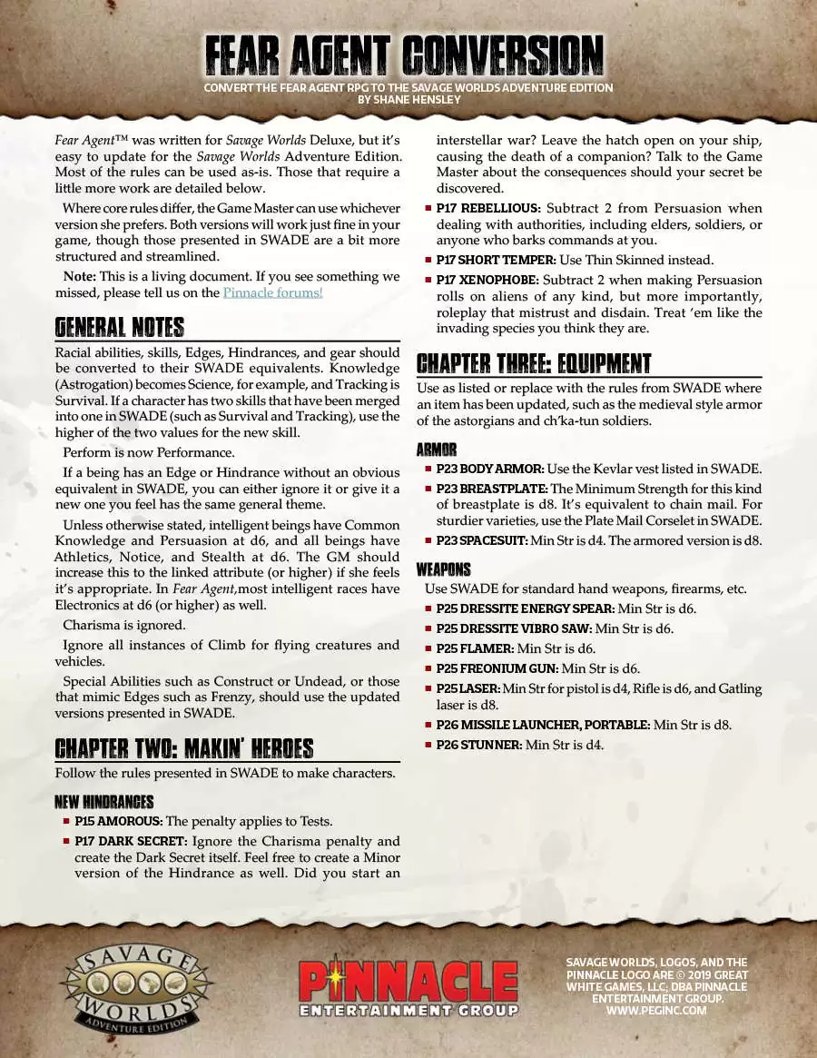Fear Agent: SWADE Conversion - Pinnacle Entertainment | Fear Agent ...