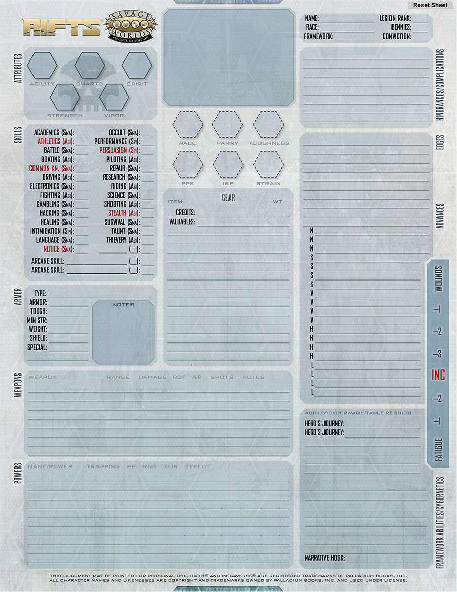 Savage Rifts: Form Fillable Character Sheet (SWADE Edition) - Pinnacle ...