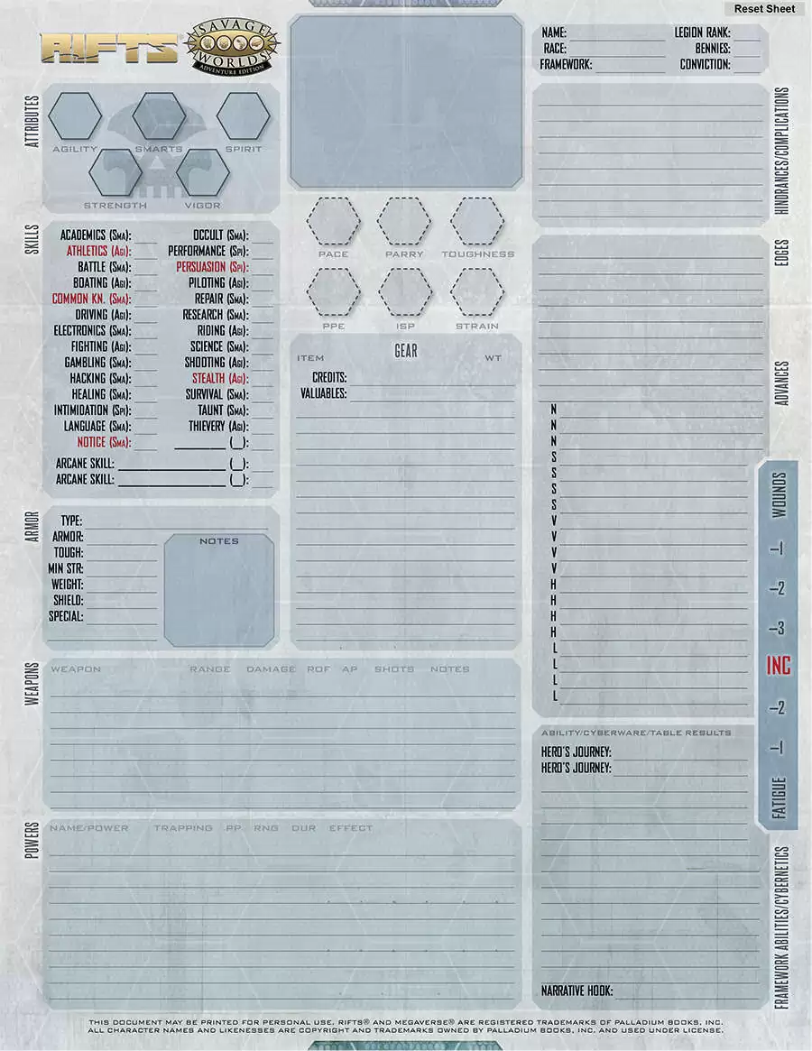 Savage Rifts: Form Fillable Character Sheet (SWADE Edition) - Pinnacle Entertainment | Rifts ...