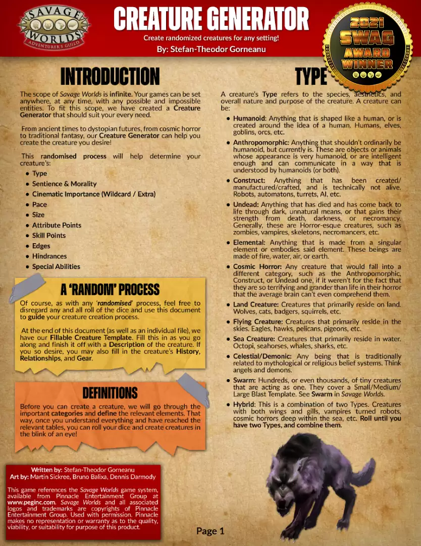 Creature Generator - Randomised Creatures for Savage Worlds - Pinnacle ...