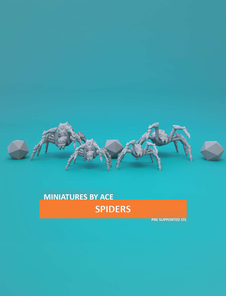 Spiders - 2 poses & 2 sizes - 3D model - Miniatures by Ace | DriveThruRPG