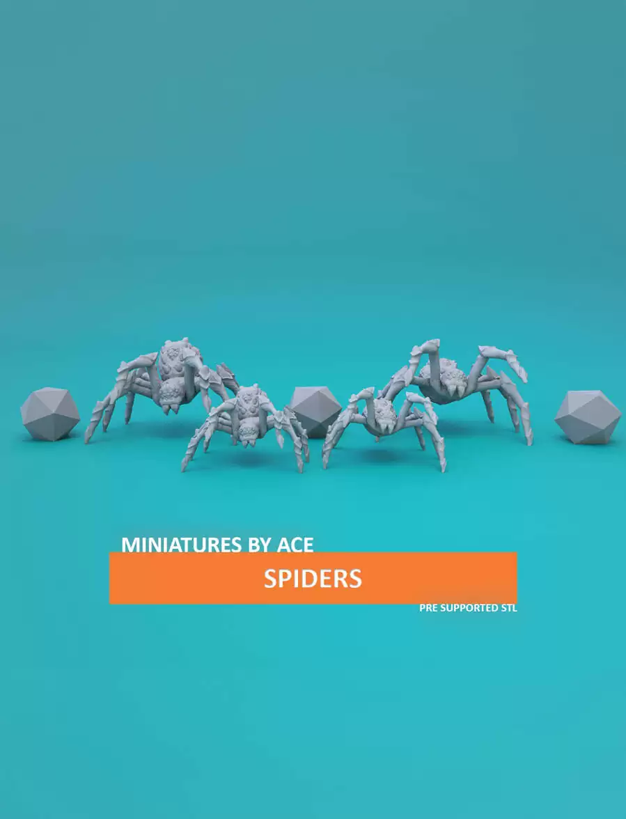 Spiders - 2 poses & 2 sizes - 3D model - Miniatures by Ace | DriveThruRPG