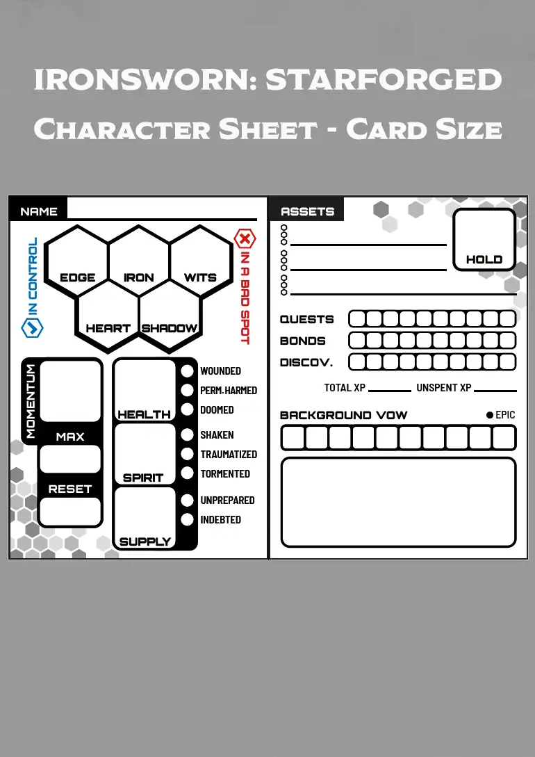 Ironsworn: Starforged - Character Sheet (Card Size) - Grim Banjo Games ...