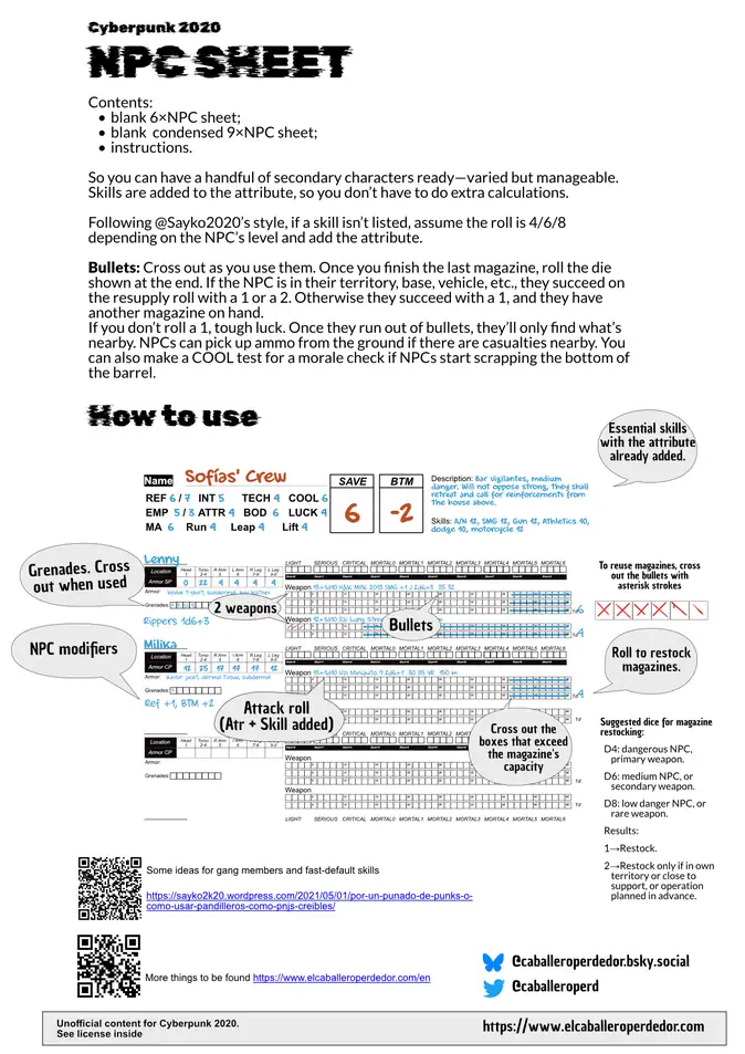 Condensed Cyberpunk 2020 NPC Sheet - El Caballero Perdedor | DriveThruRPG
