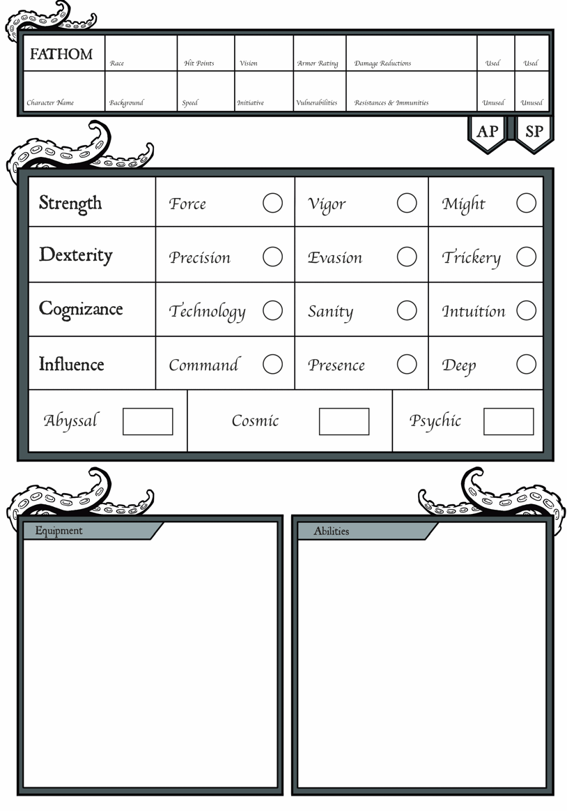 Fathom Character Sheet - Dark Consul Games | DriveThruRPG