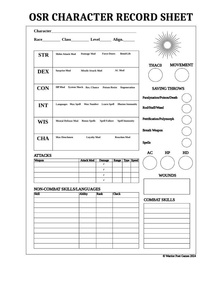 Old School Character Record Sheet - Warrior Poet Games | DriveThruRPG