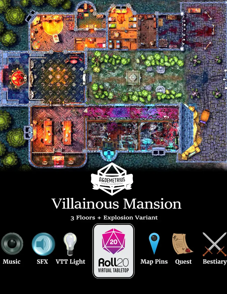 Villainous Mansion Map Pack | VTT Light | Soundscored | + Bonus - Animancy Press | DriveThruRPG