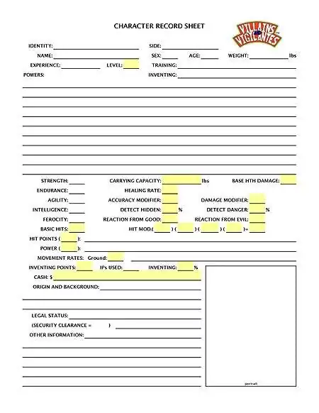 V&V 2.1 Excel Character Sheet - Monkey House Games | Villains and ...