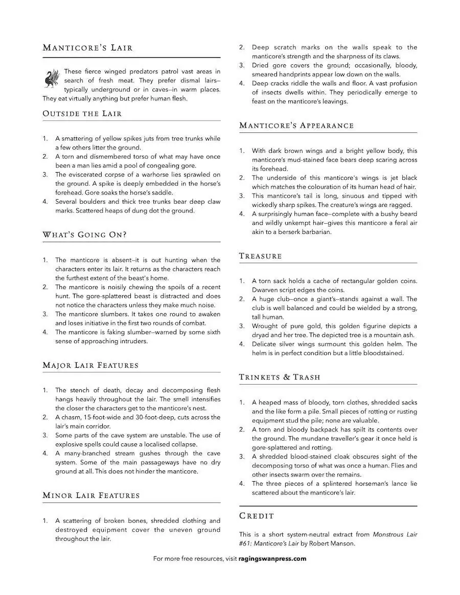 One-Pager: Manticore's Lair - Raging Swan Press | Dungeon Dressing ...
