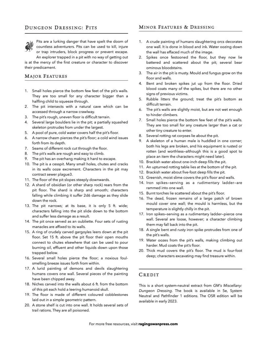 One-Pager: Dungeon Pits - Raging Swan Press | Dungeon Dressing | System ...