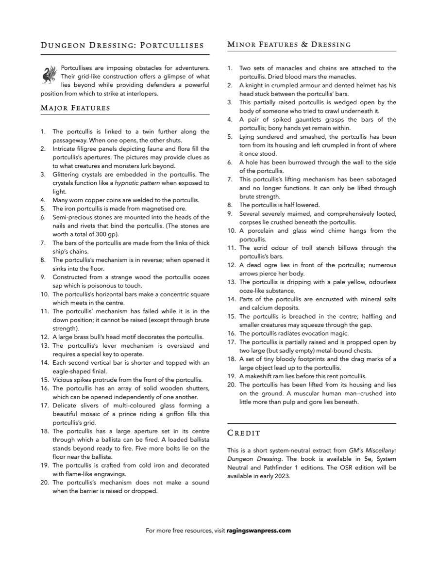 One-Pager: Dungeon Portcullises - Raging Swan Press | Dungeon Dressing ...