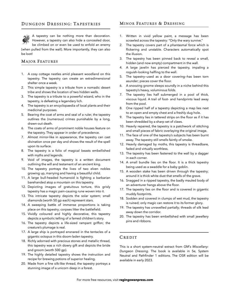 One-Pager: Dungeon Tapestries - Raging Swan Press | Dungeon Dressing ...