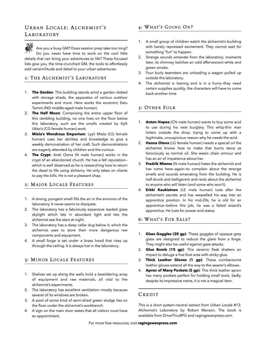 One-Pager: Alchemist's Shop - Raging Swan Press | Urban Dressing ...