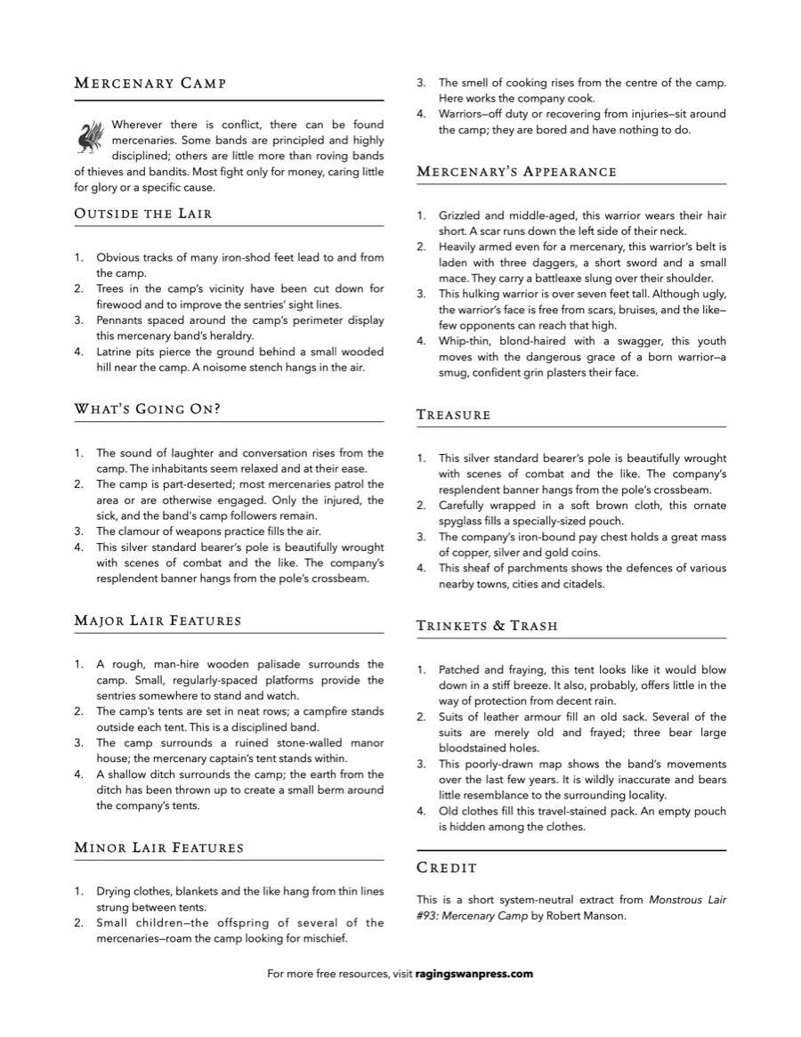 One-Pager: Mercenary's Camp - Raging Swan Press | Wilderness Dressing ...