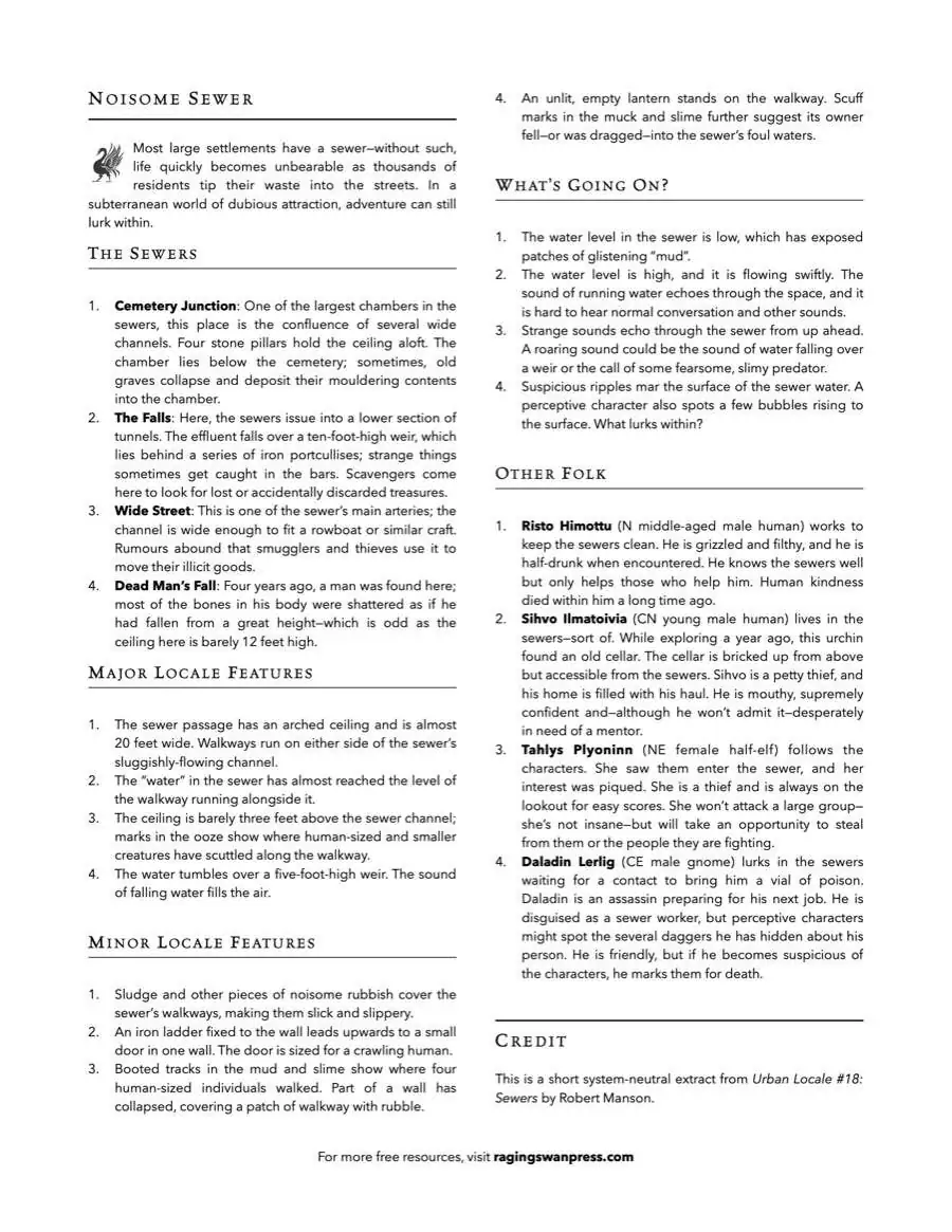 One-Pager: Sewer - Raging Swan Press | Urban Dressing | System Neutral ...